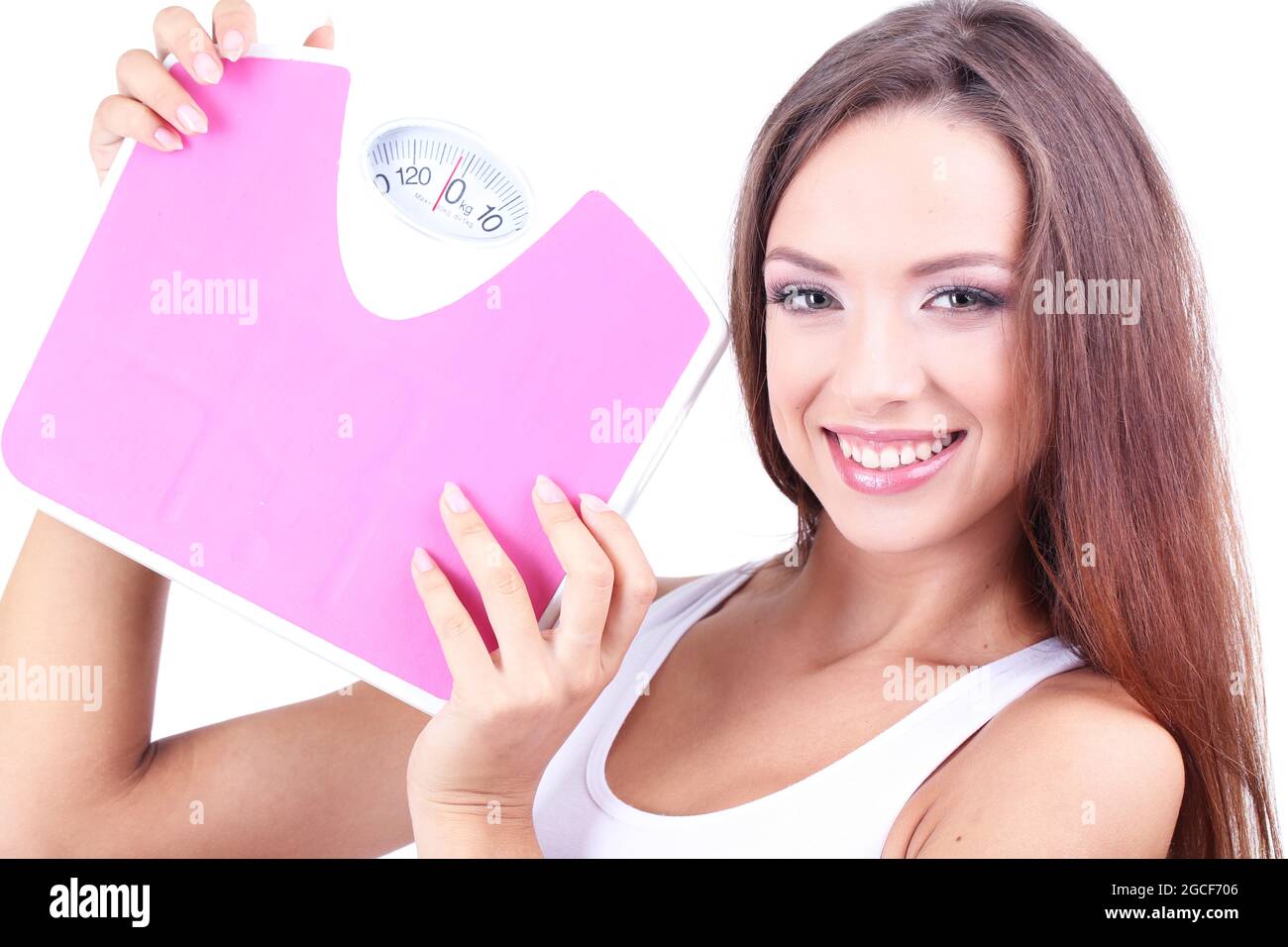 Beautiful young woman with scales isolated on white Stock Photo - Alamy