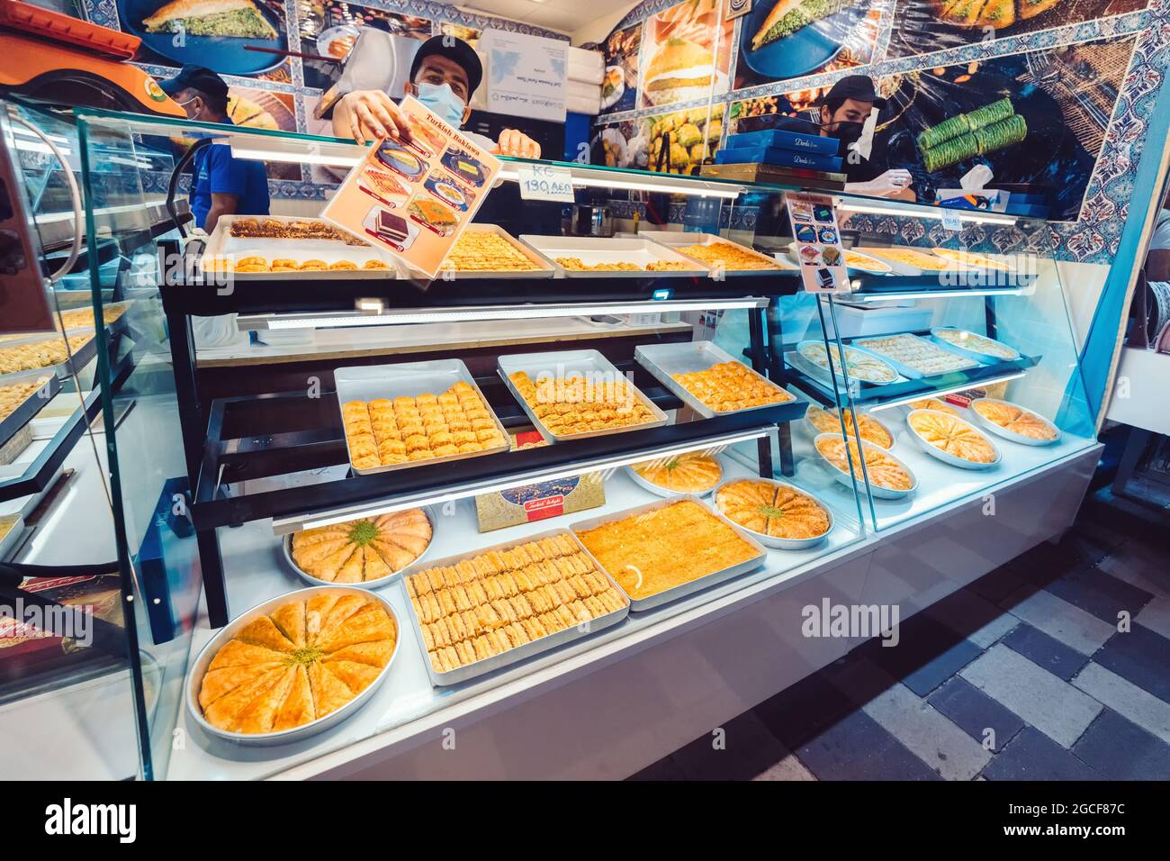 26 February 2021, UAE, Dubai: Sale of the famous Turkish sweet baklava ...