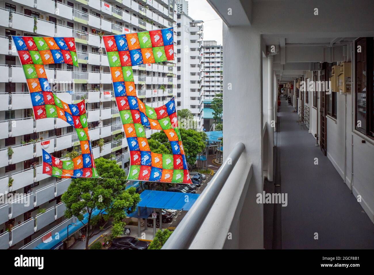 A number 56 that was made up of stitched flags seen hanging in between ...