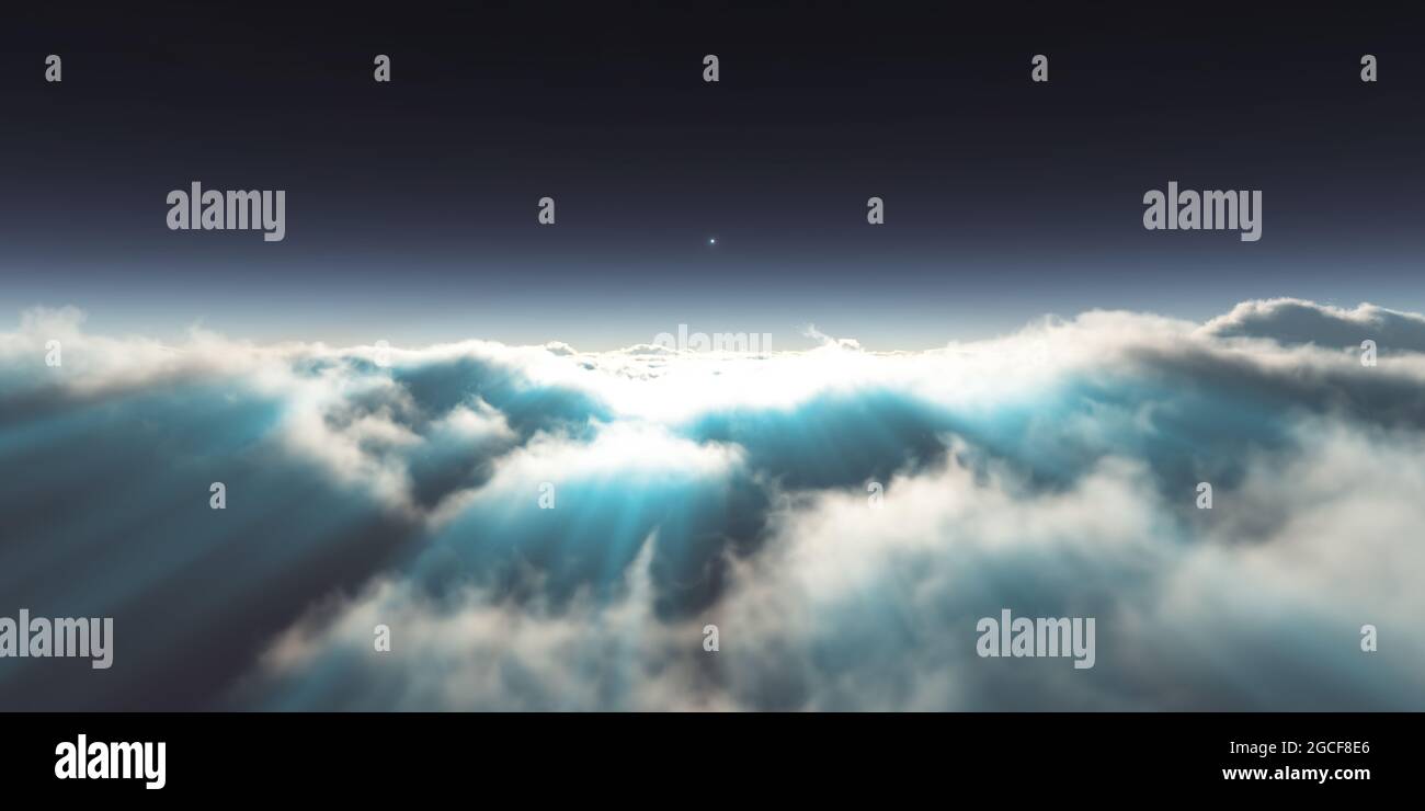 dream fly above clouds ray light, 3d rendering illustration Stock Photo ...
