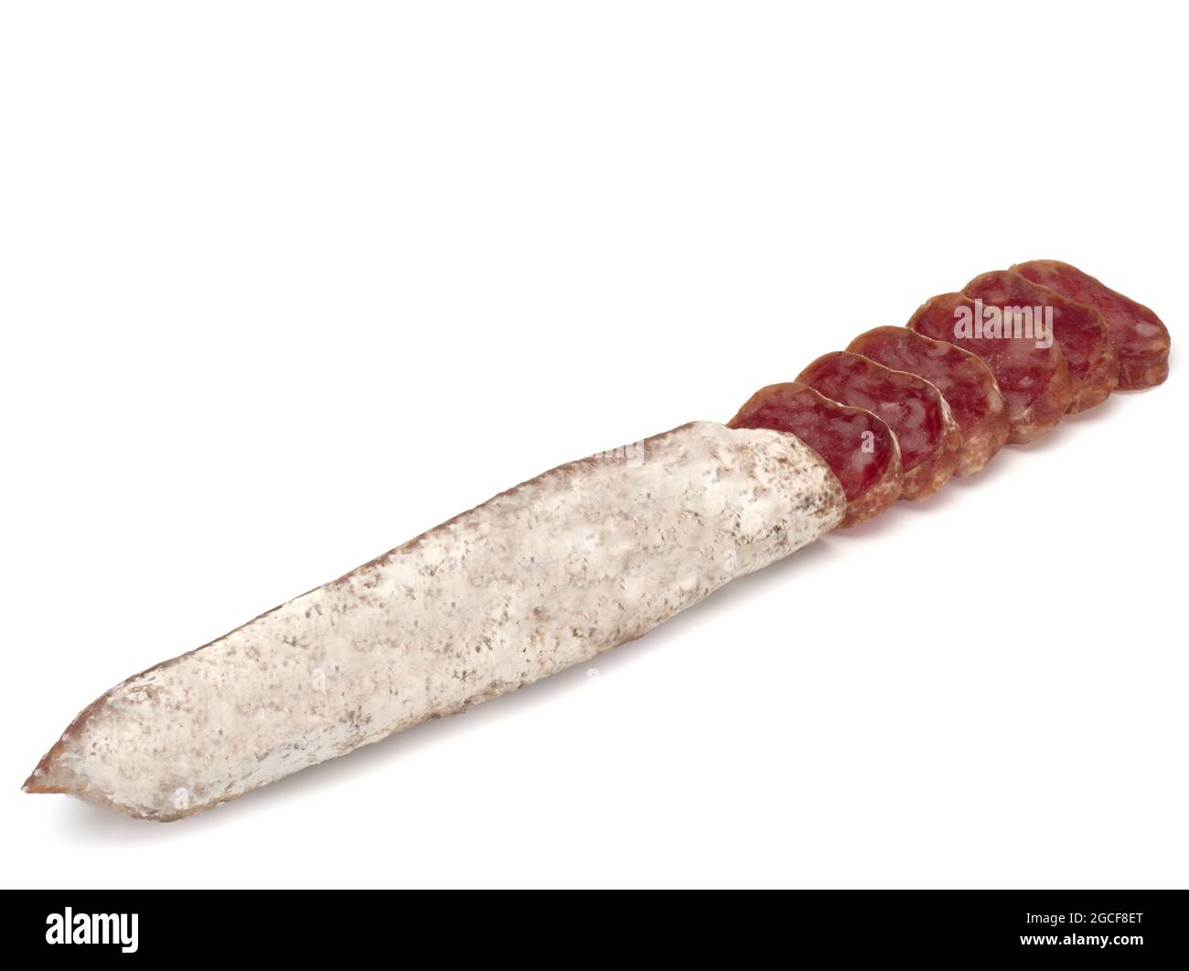 Traditional Spanish Fuet thin dried sausage with slices, Close-up ...