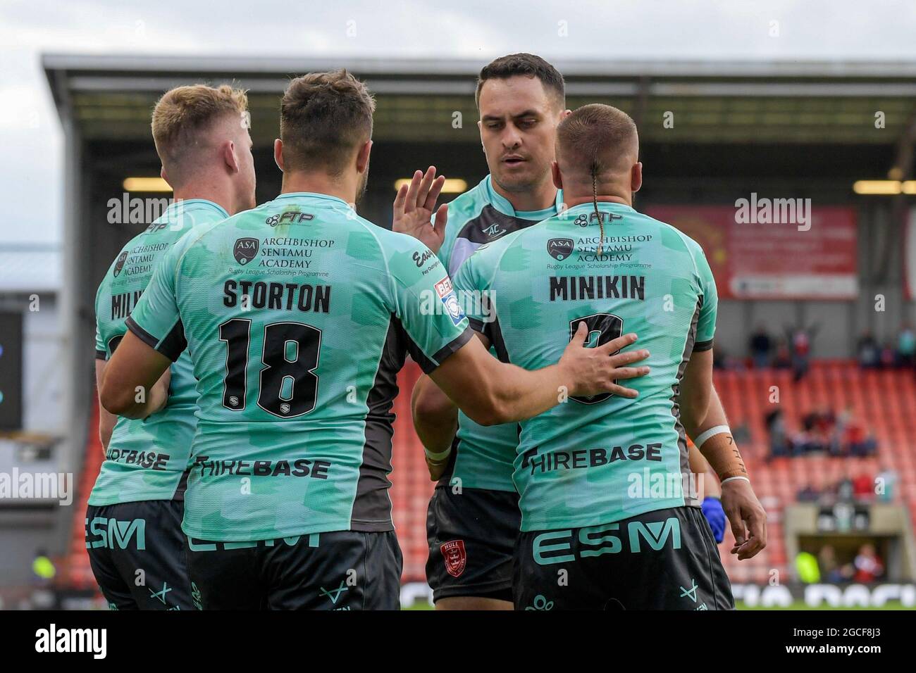 Greg Minikin (3) of Hull KR celebrates scoring a try with his team ...