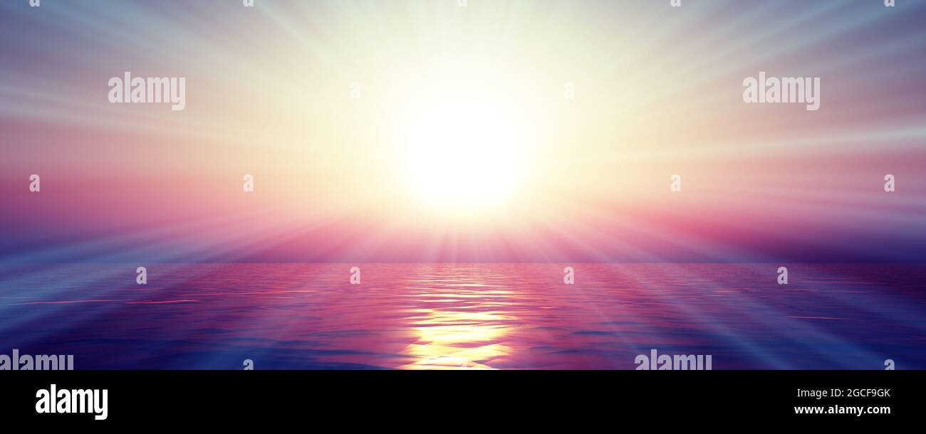 sunset sea sun ray clear sky, 3d rendering illustration Stock Photo - Alamy