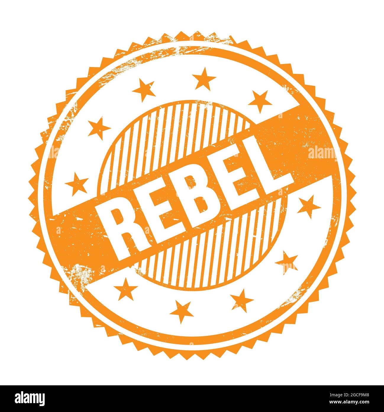 REBEL text written on orange grungy zig zag borders round stamp Stock ...