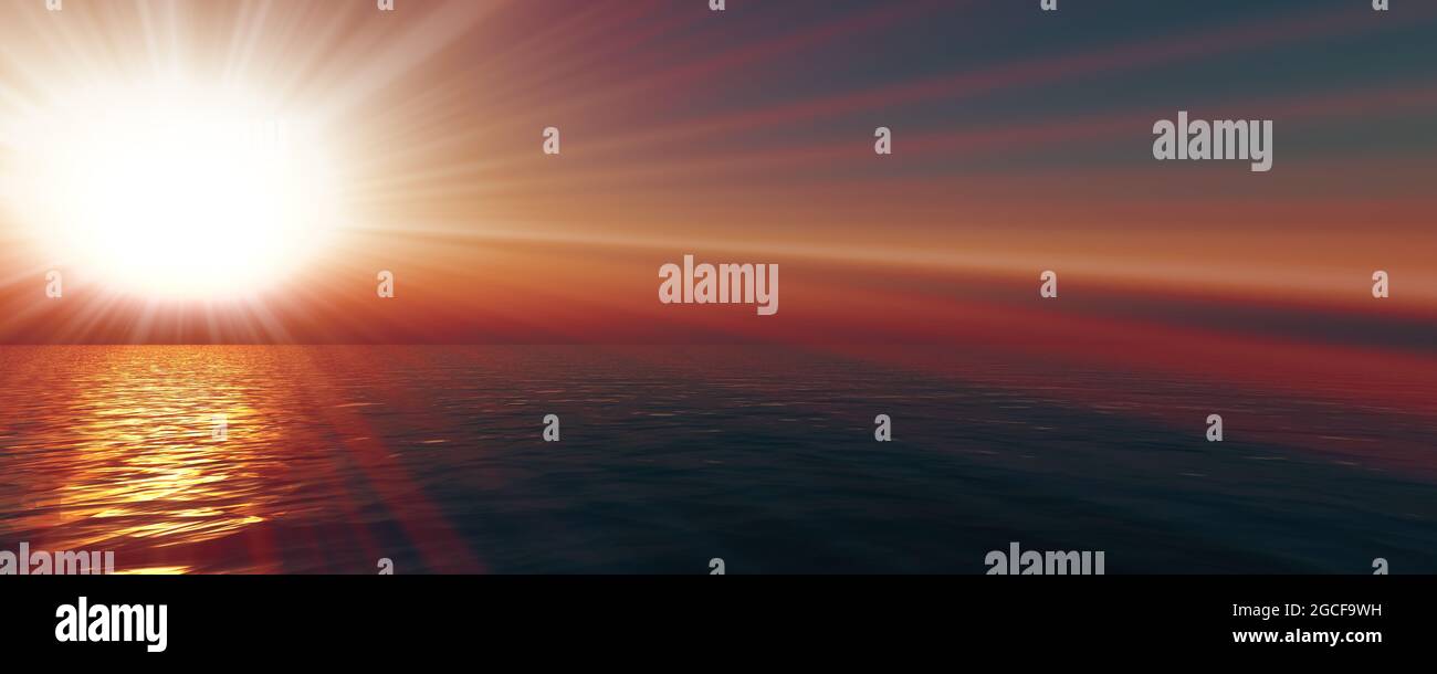 sunset sea sun ray clear sky, 3d rendering illustration Stock Photo - Alamy
