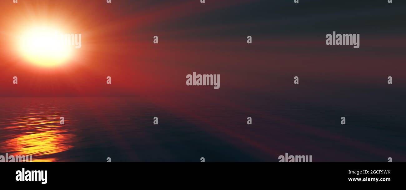 sunset sea sun ray clear sky, 3d rendering illustration Stock Photo - Alamy