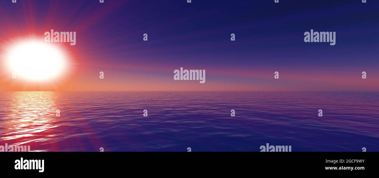 sunset sea sun ray clear sky, 3d rendering illustration Stock Photo - Alamy