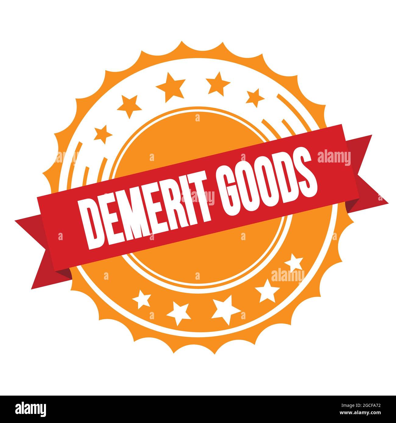 DEMERIT GOODS text on red orange ribbon badge stamp Stock Photo - Alamy