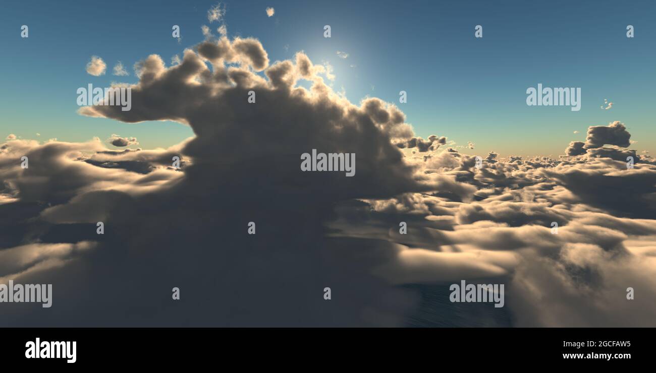 fly above clouds sunset landscape, 3d render illustration Stock Photo ...