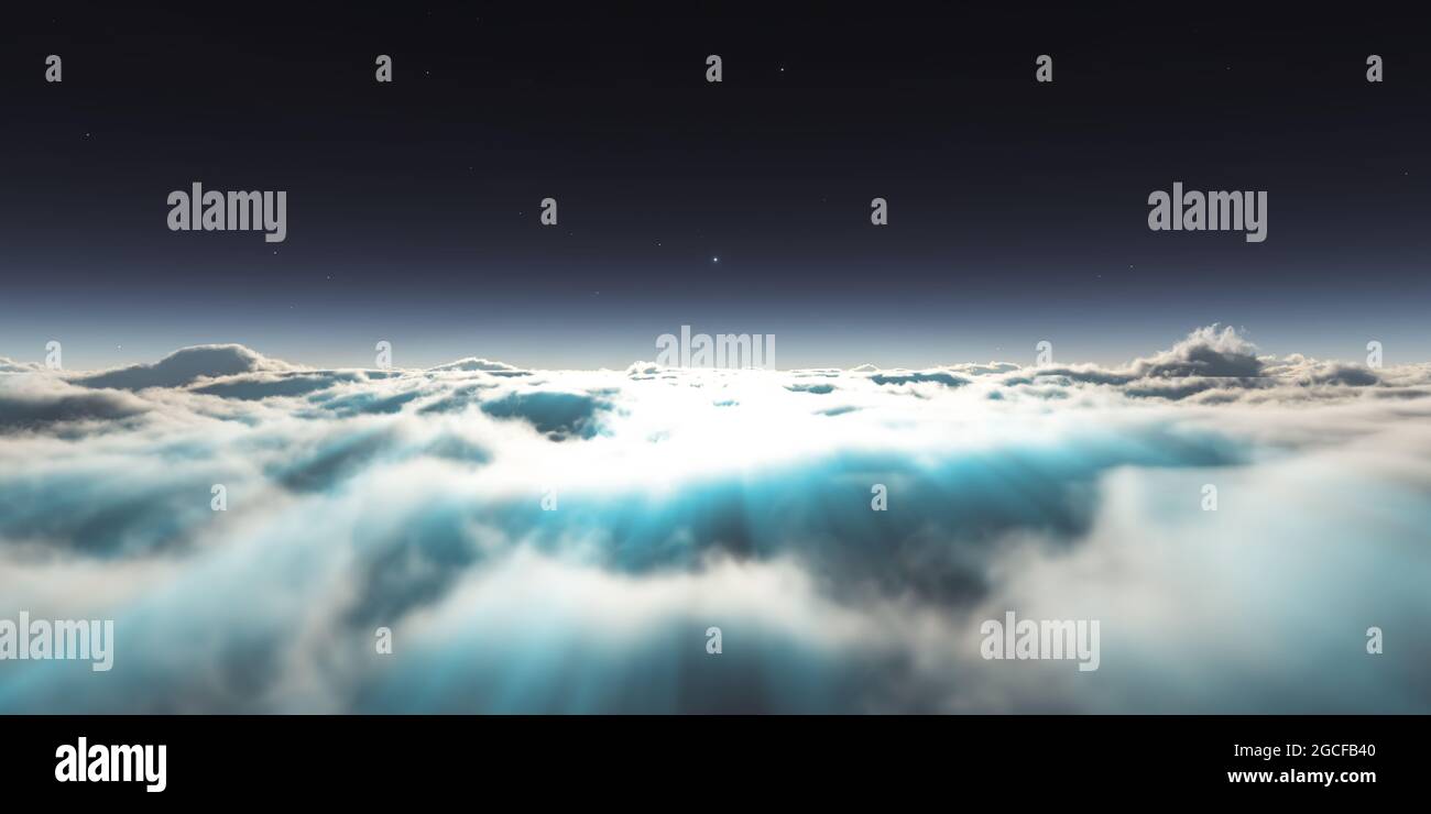 dream fly above clouds ray light, 3d rendering illustration Stock Photo ...