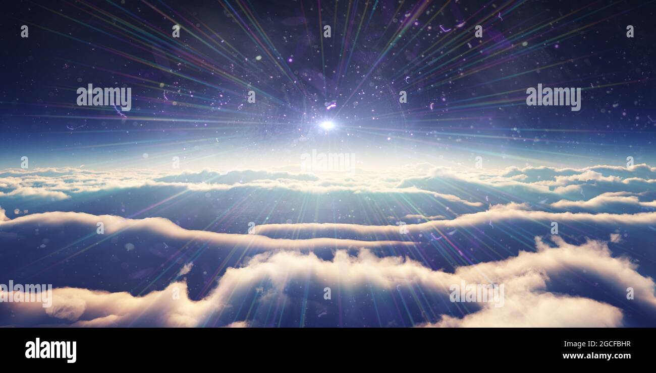 above clouds sunrise sun ray illustration, 3d rendering Stock Photo - Alamy