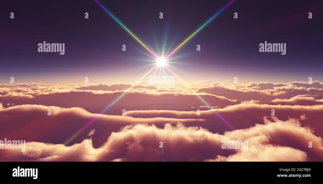 above clouds sunrise sun ray illustration, 3d rendering Stock Photo - Alamy
