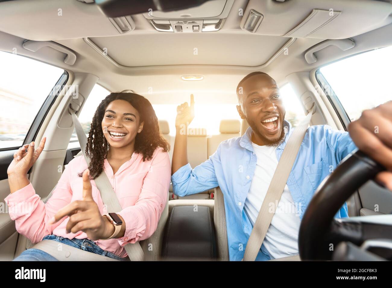 Road Trip Concept Front View Portrait Of Excited Playful African