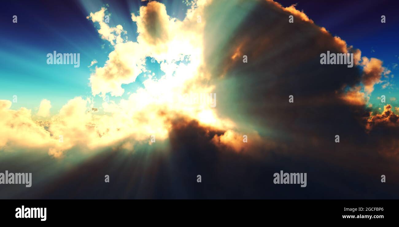 above clouds sun ray sunset. 3d render illustration Stock Photo - Alamy