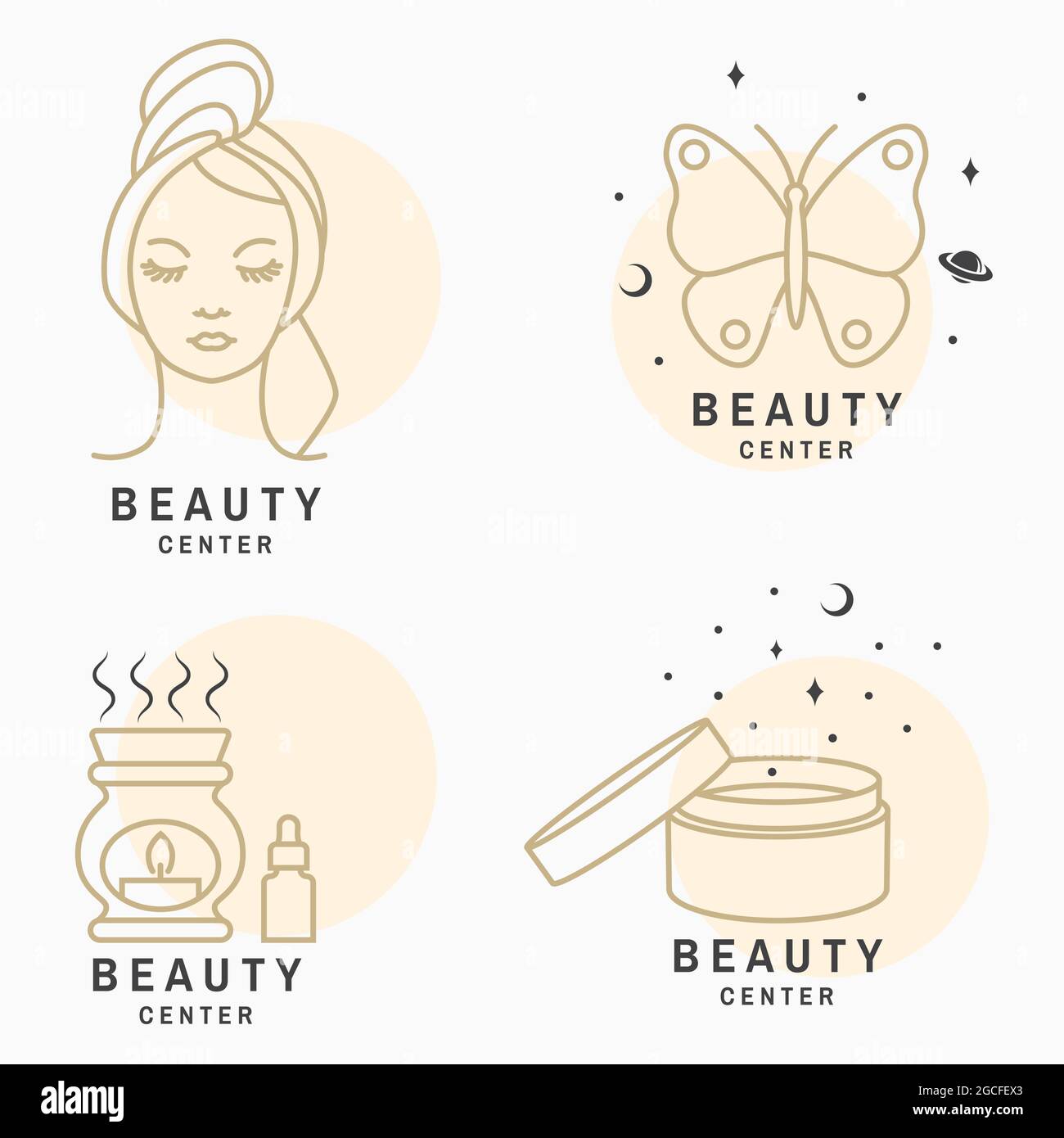 Set of Beauty center emblem with woman face, ceramic candle aroma oil ...