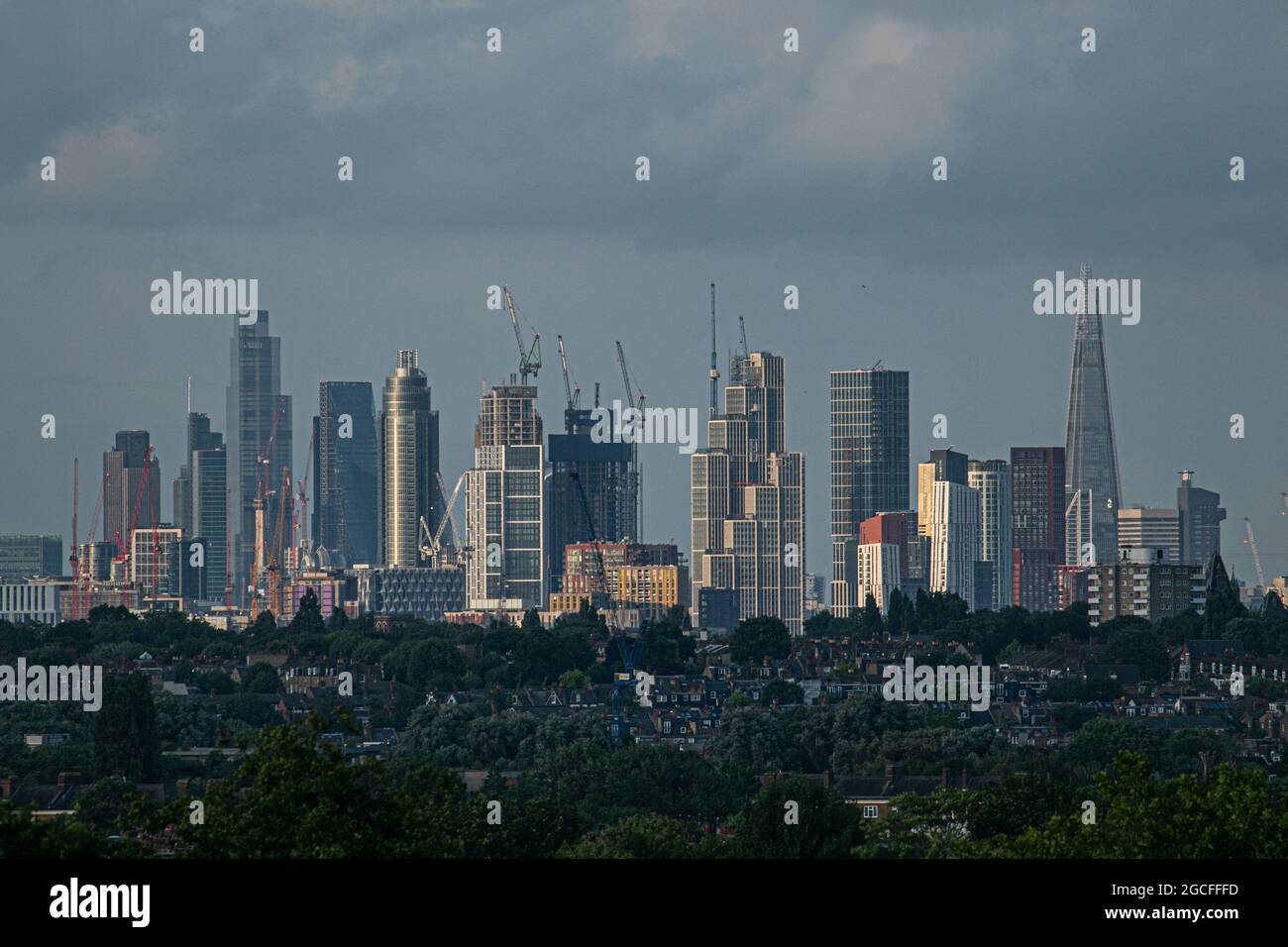 WIMBLEDON LONDON 8 August 2021. The London skyline bathed in the ...