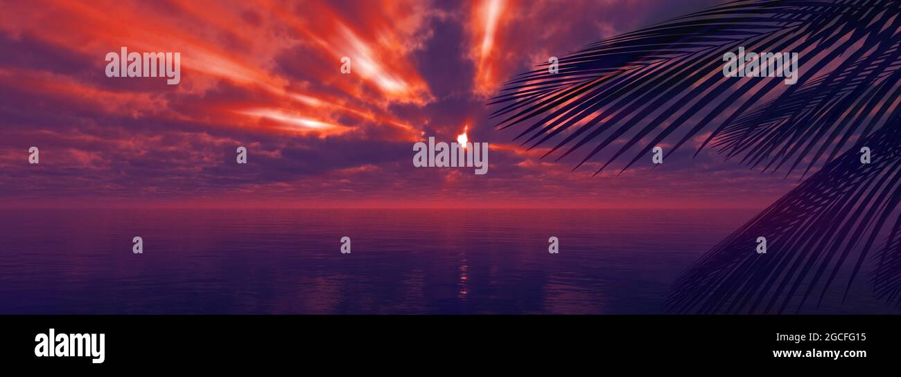 sunset sea palm landscape illustration, 3d render Stock Photo - Alamy