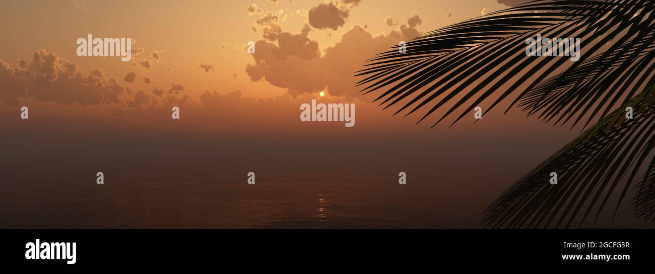 sunset sea palm landscape illustration, 3d render Stock Photo - Alamy