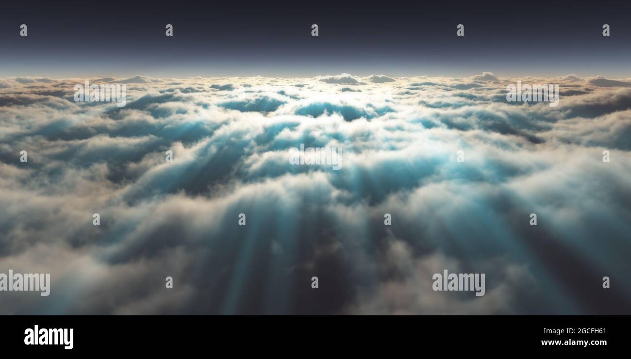 dream fly above clouds ray light, 3d rendering illustration Stock Photo ...