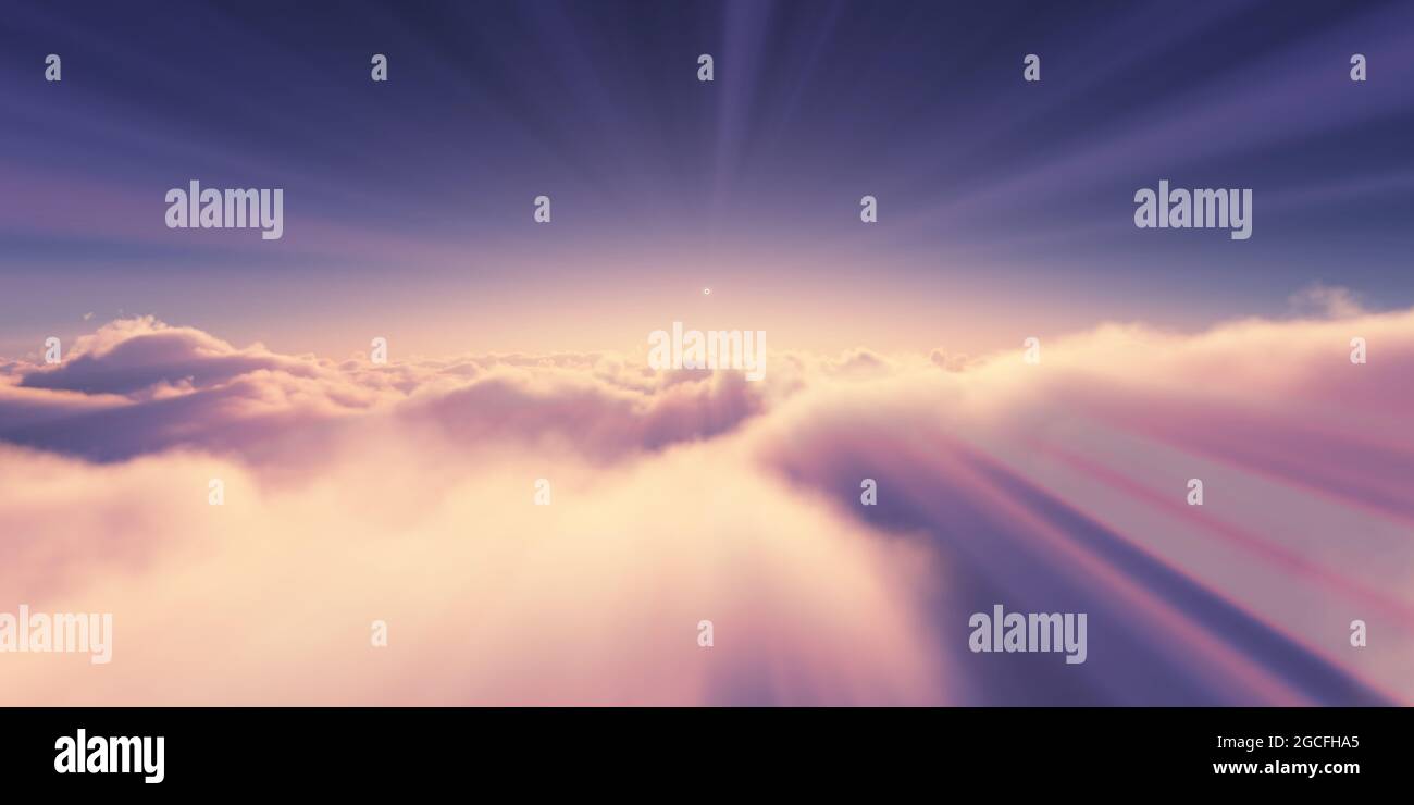 above clouds sunrise sun ray illustration, 3d rendering Stock Photo - Alamy