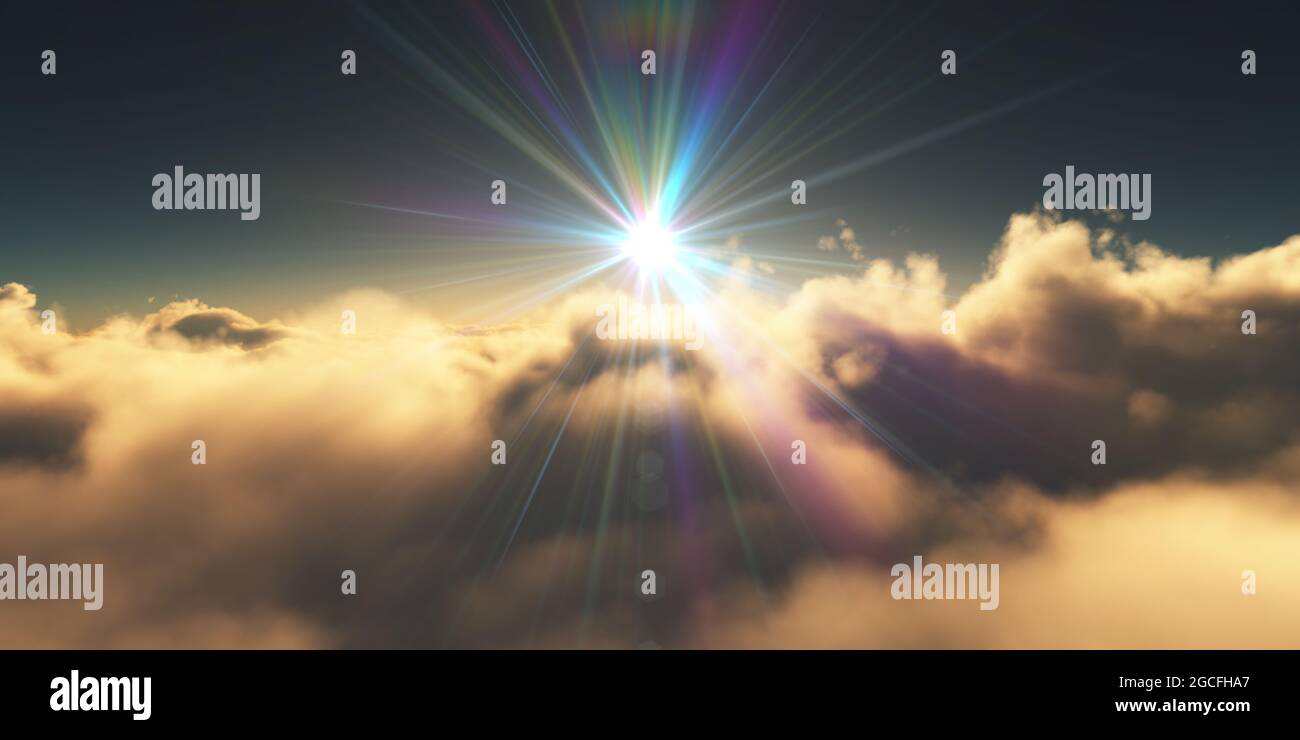 above clouds sunrise sun ray illustration, 3d rendering Stock Photo - Alamy