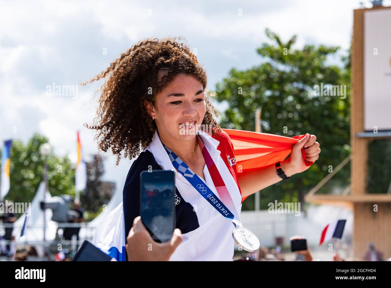 Caroline Drouin of France celebrates with the audience during the ...