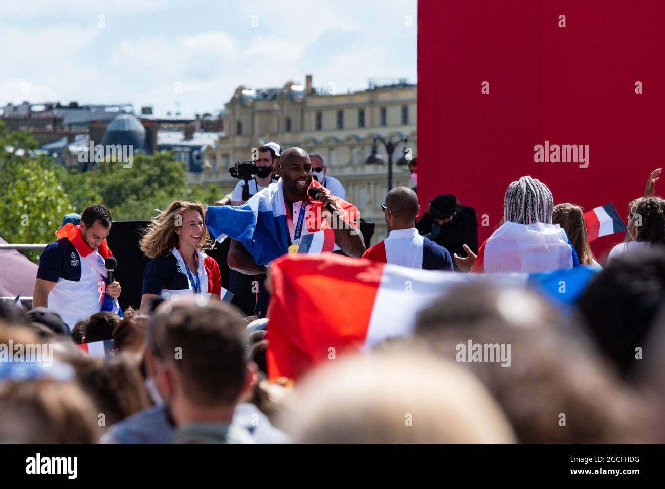Teddy Riner of France celebrates with the audience during the Olympic ...