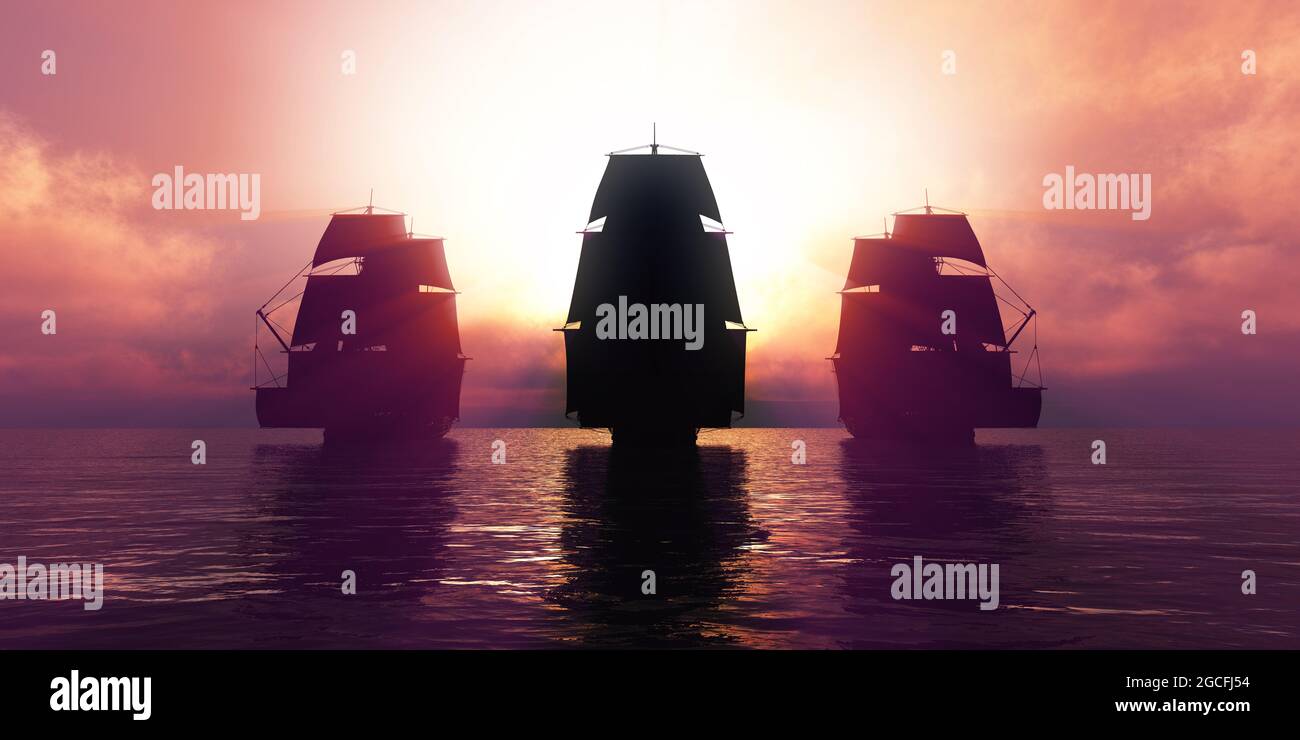 old three ships sunset at sea, 3d rendering illustration Stock Photo ...