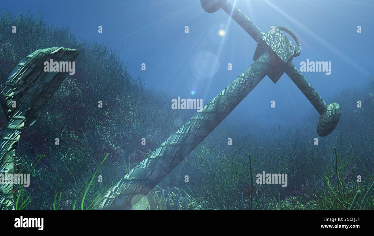 anchor under water sun ray illustration 3d rendering Stock Photo - Alamy