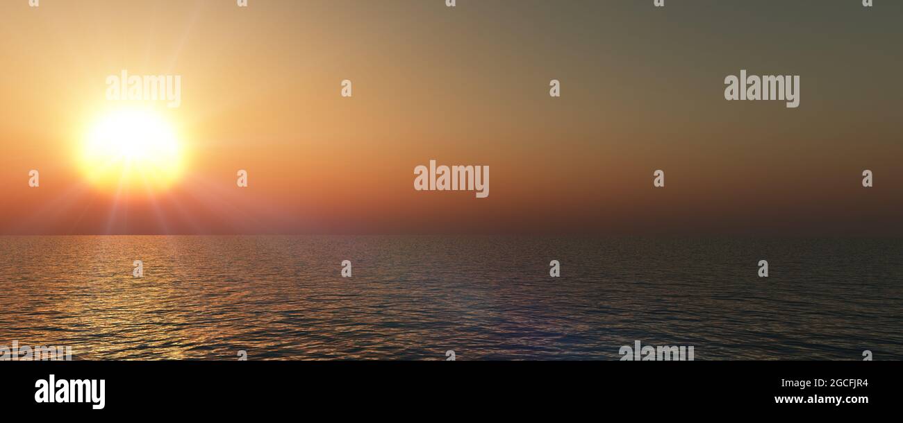 sunset sea sun ray clear sky, 3d rendering illustration Stock Photo - Alamy