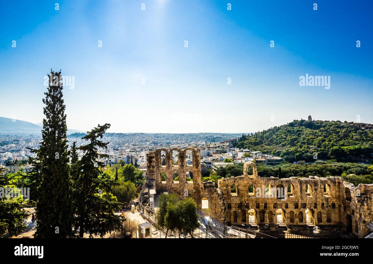 Theatre of Dionysus and Filopappos hill from acropolis, Athens Greece Stock Photo - Alamy