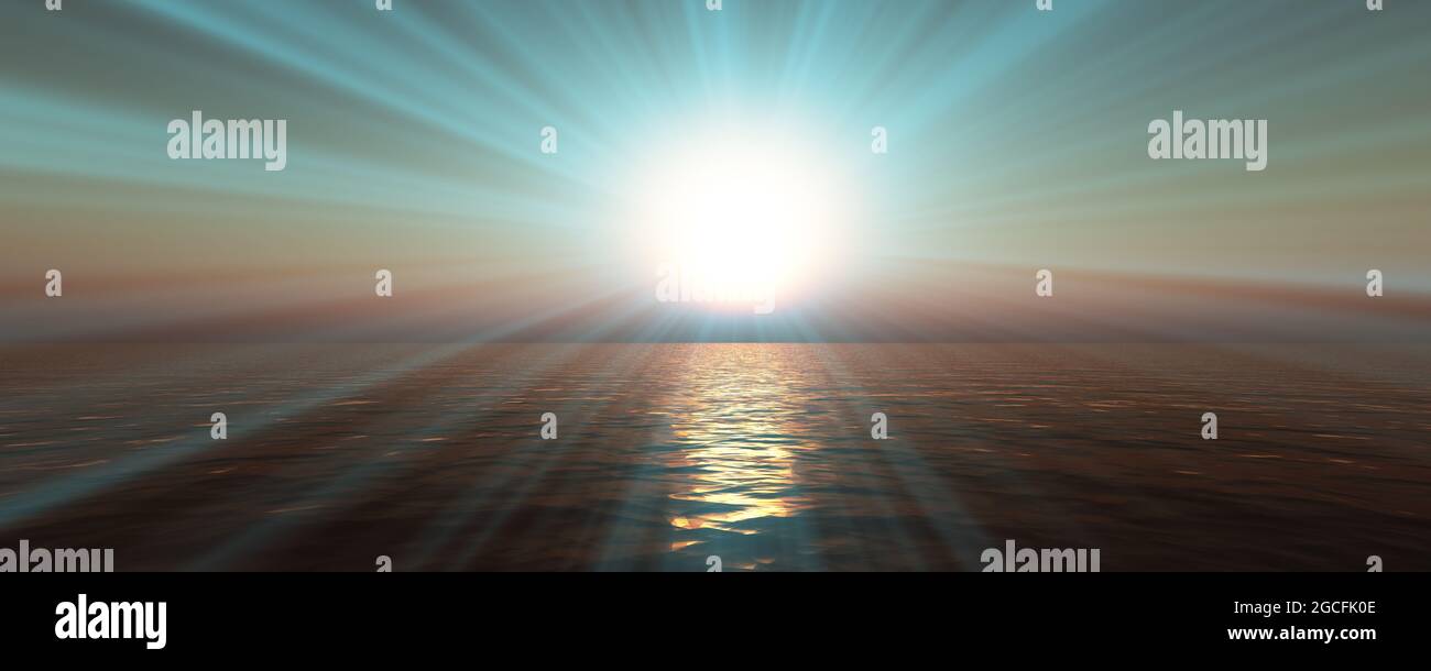 sunset sea sun ray clear sky, 3d rendering illustration Stock Photo - Alamy