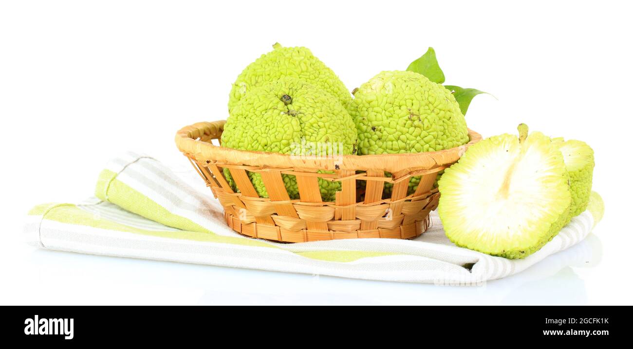 Osage Orange fruits (Maclura pomifera) in basket, isolated on white ...