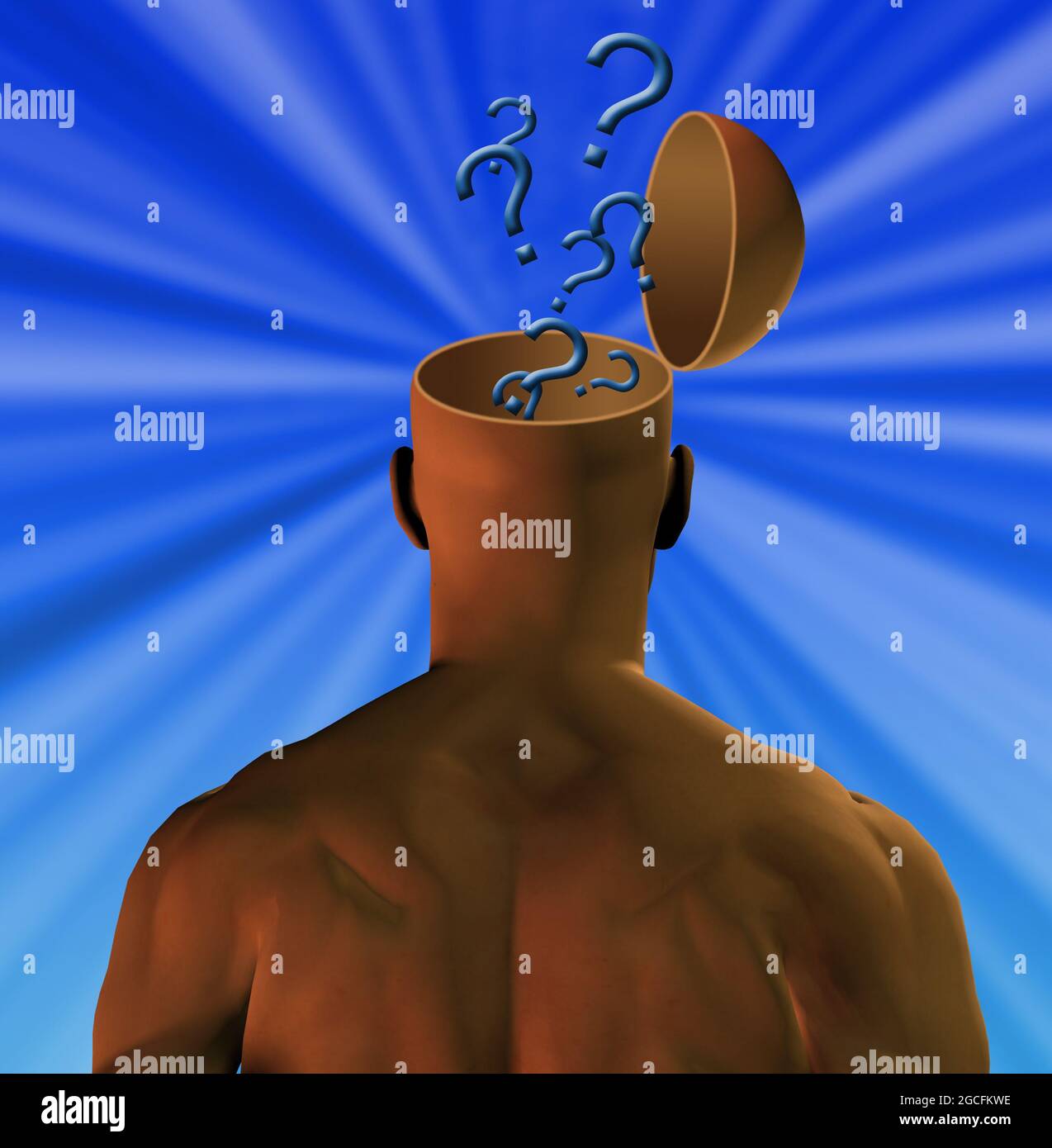 Questioning mind. Question marks above man's open head. 3D rendering ...