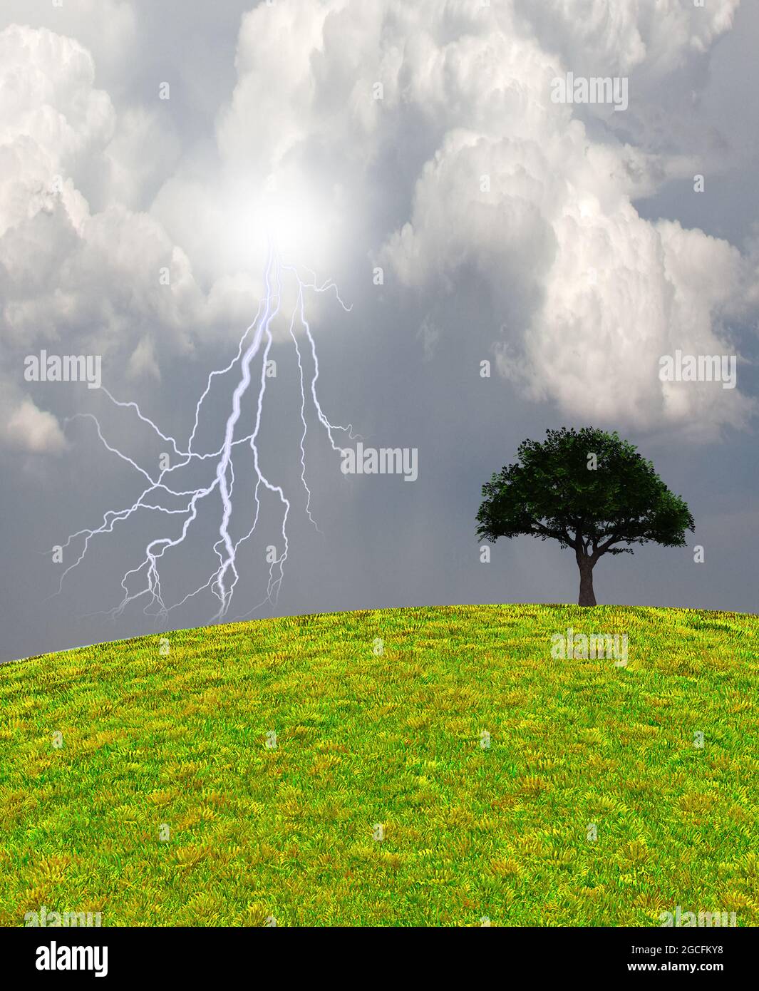 Tree in green landscape. 3D rendering Stock Photo - Alamy