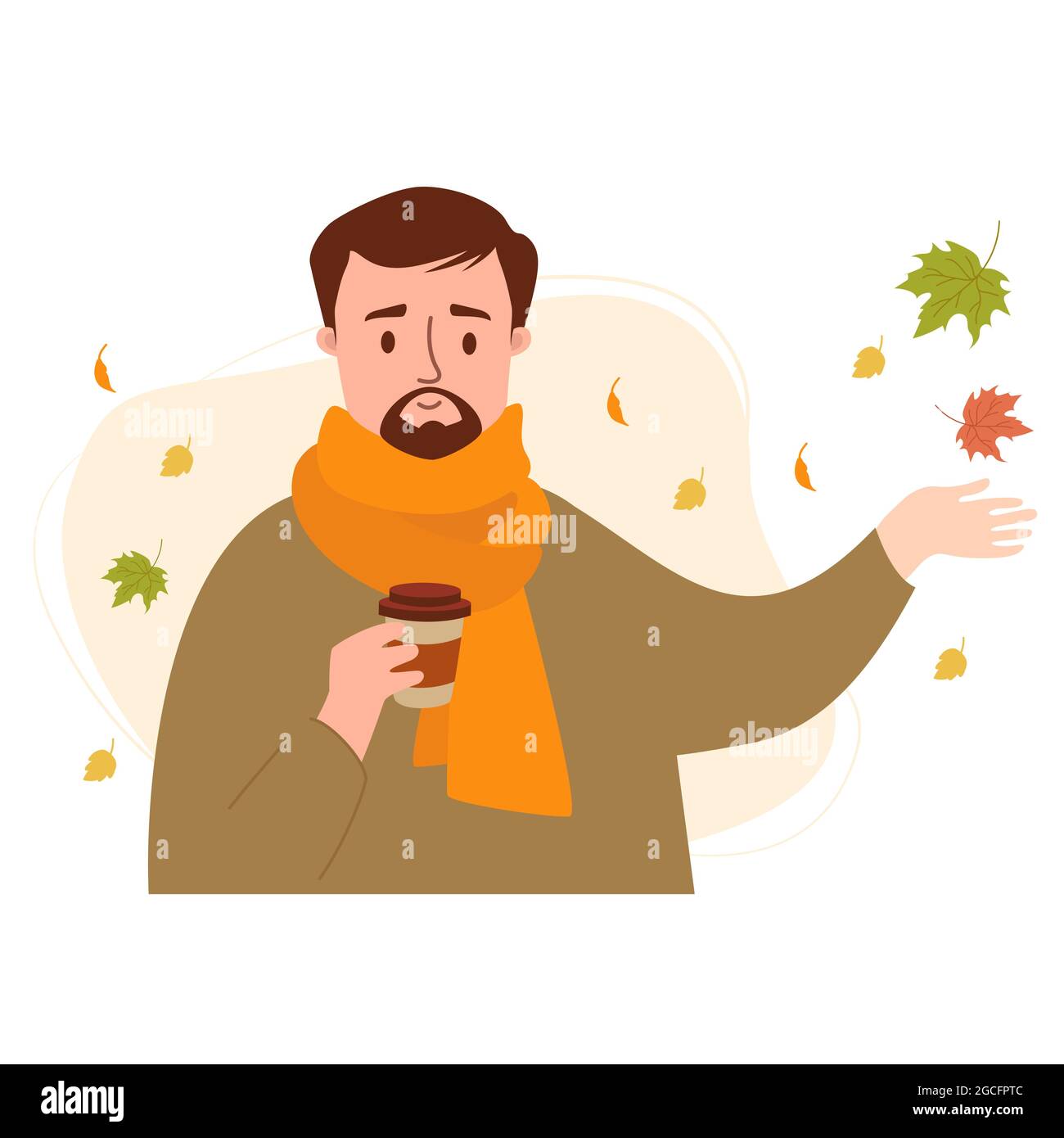 Autumn man. A brunette guy with a mustache and a beard drinks coffee ...