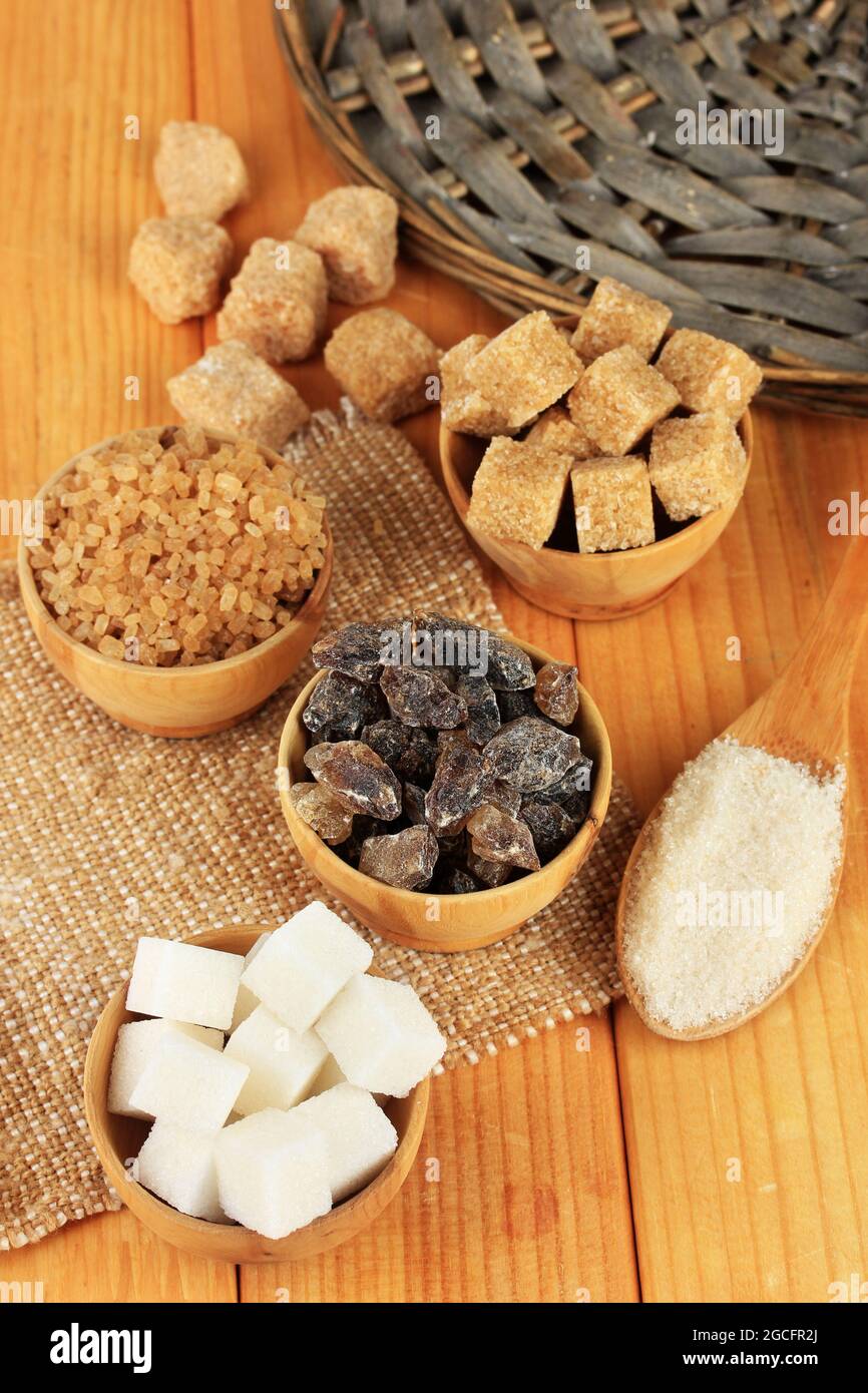 Different types of sugar on table close-up Stock Photo - Alamy