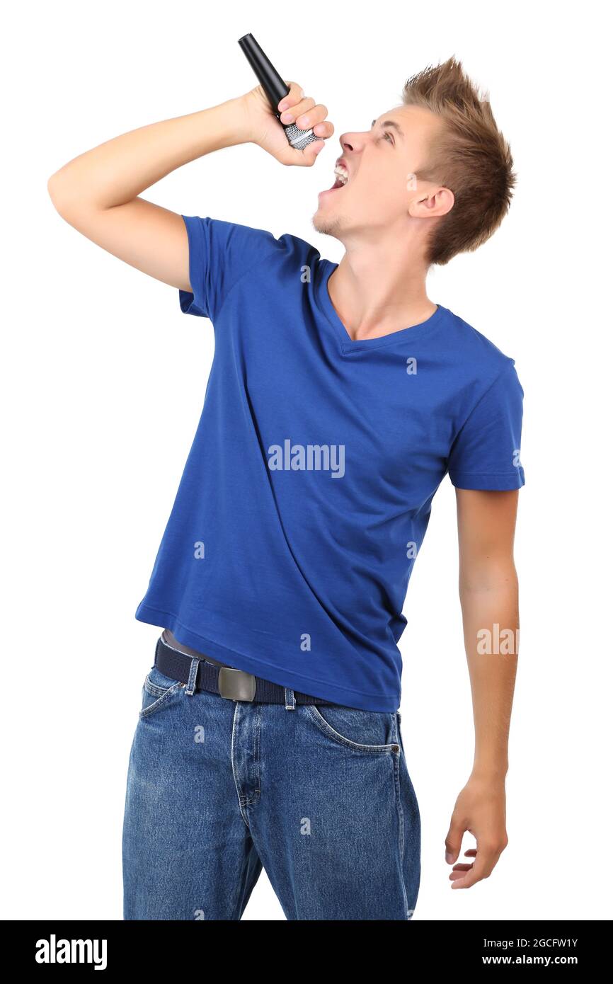 Handsome young man sings isolated on white Stock Photo - Alamy
