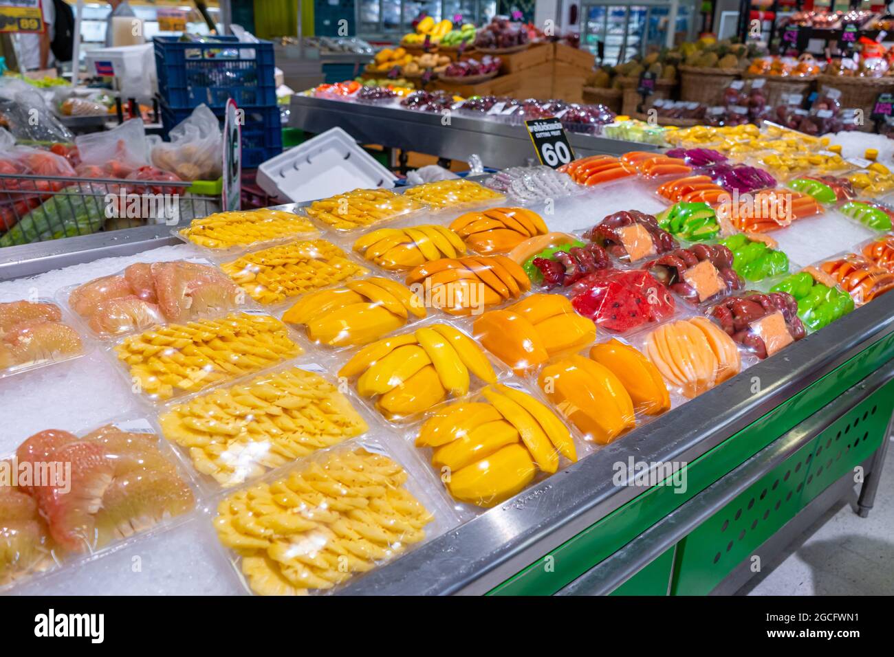 Fruit counters in the grocery section of the supermarket Stock Photo ...