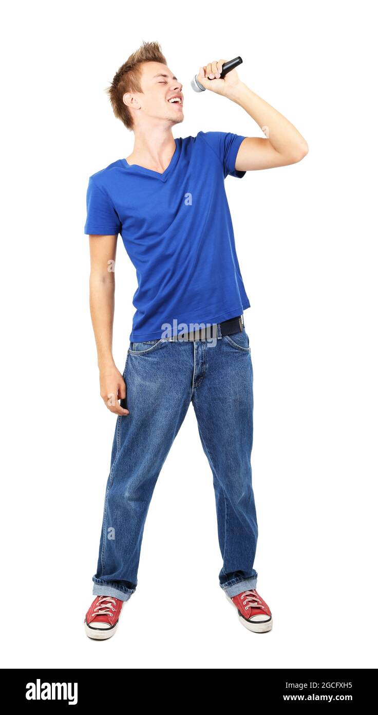 Handsome young man sings isolated on white Stock Photo - Alamy
