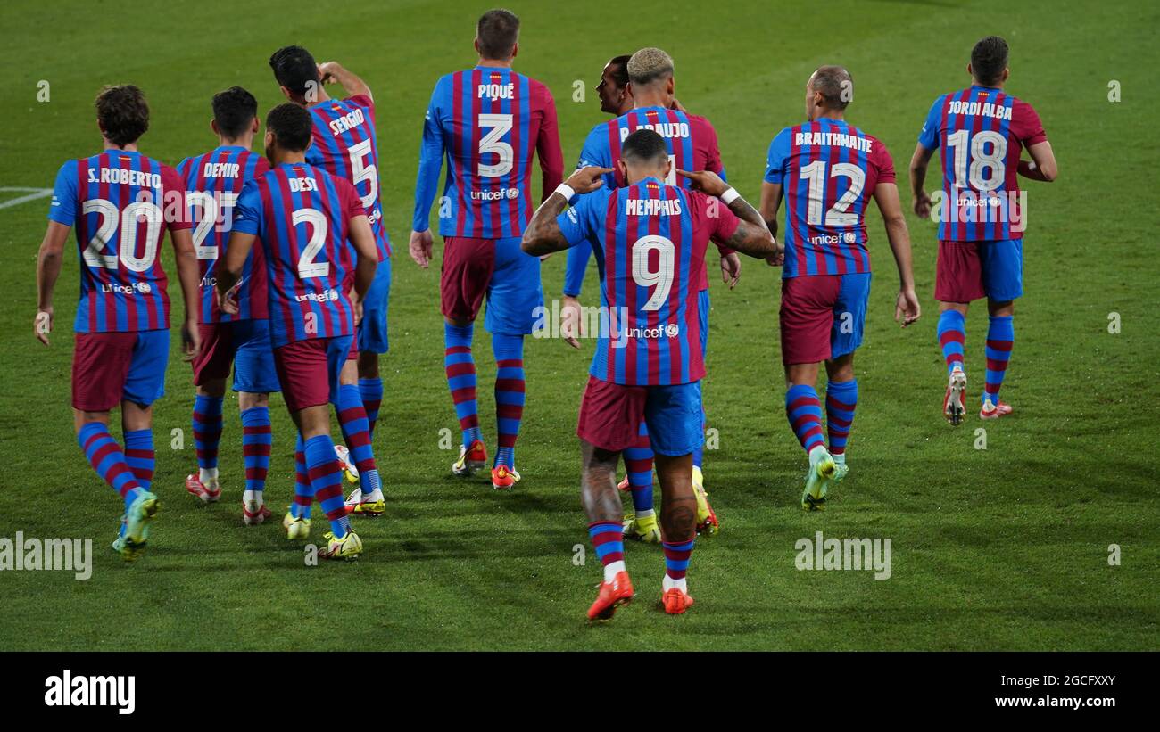 Memphis Depay of FC Barcelona celebrates after scoring the 1-0 during ...