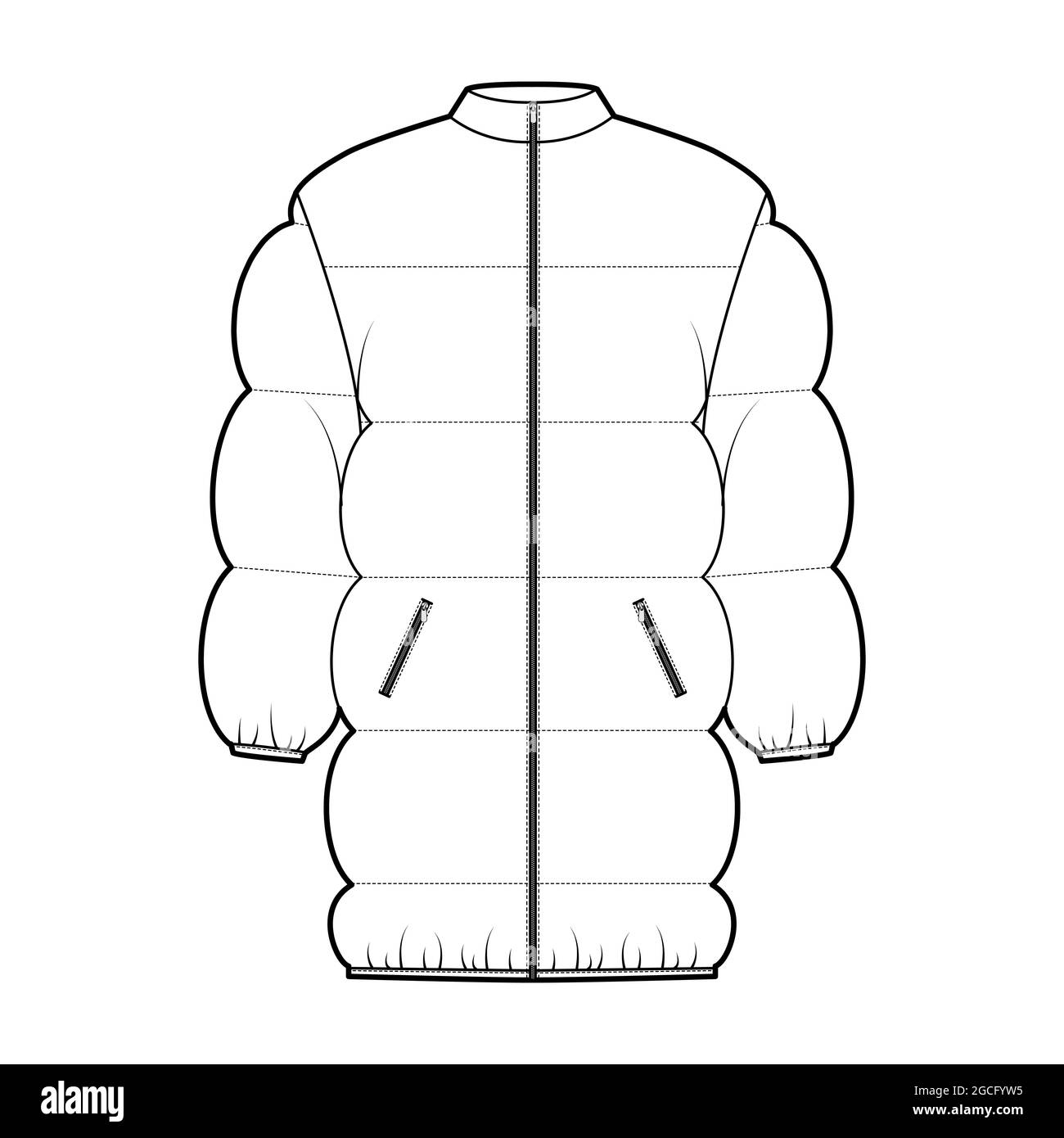 Down puffer jacket coat technical fashion illustration with long ...