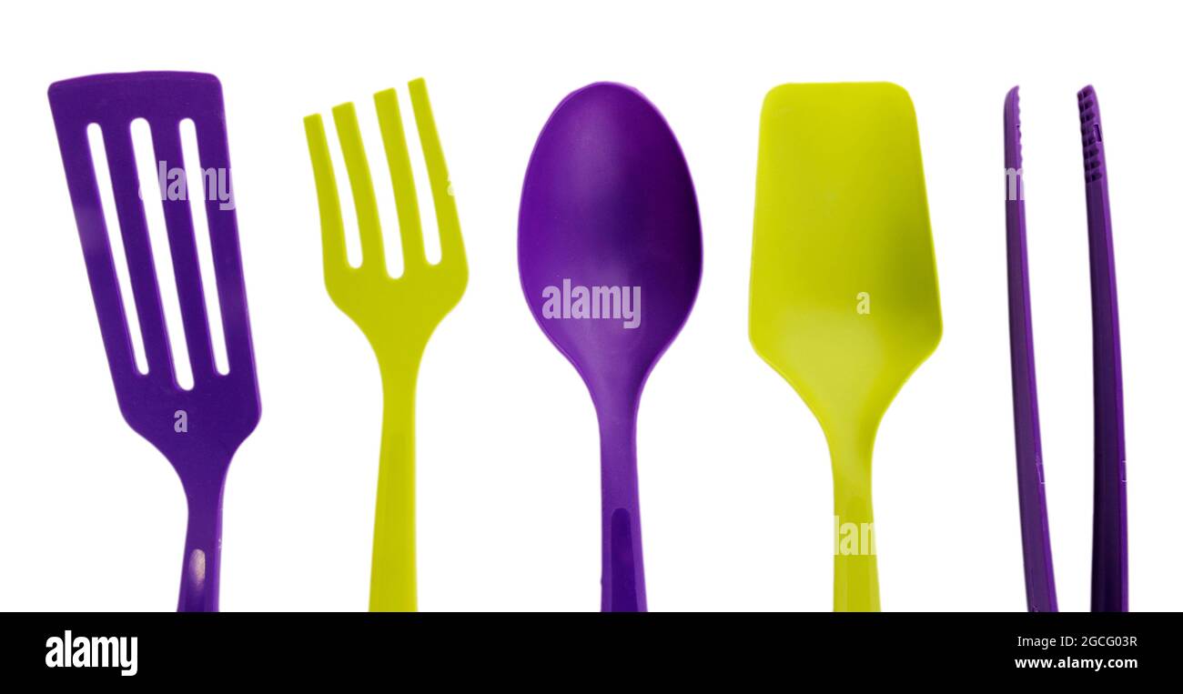 Plastic kitchen utensils isolated on white Stock Photo - Alamy