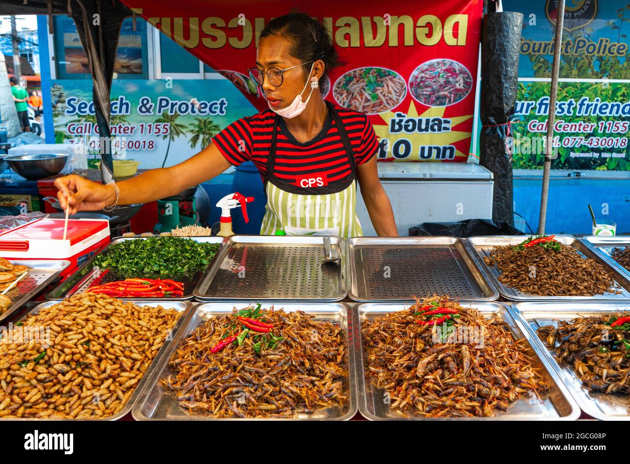 Asian food market. A counter with fried insects Stock Photo - Alamy