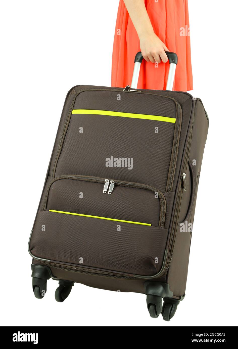 Suitcase in hand isolated on white Stock Photo - Alamy