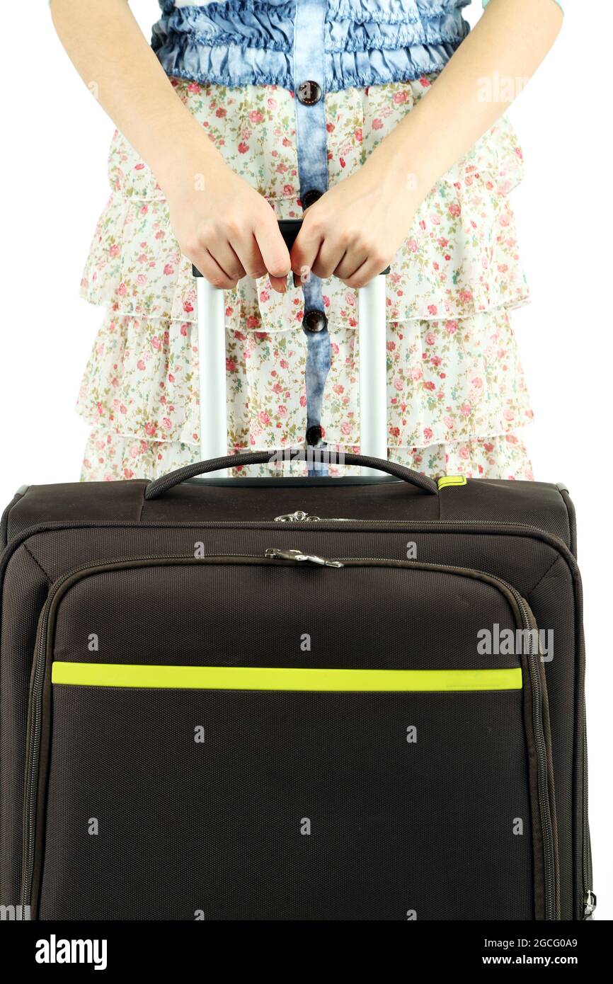 Suitcase in hands isolated on white Stock Photo - Alamy