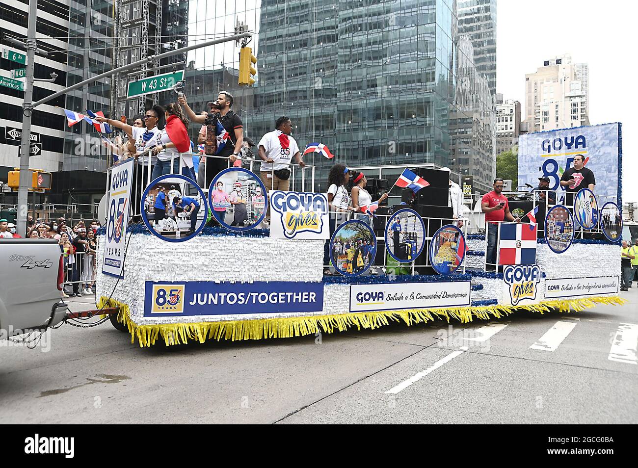 Goya Float rides in the Dominican Day Parade on August 8, 2021 on the ...