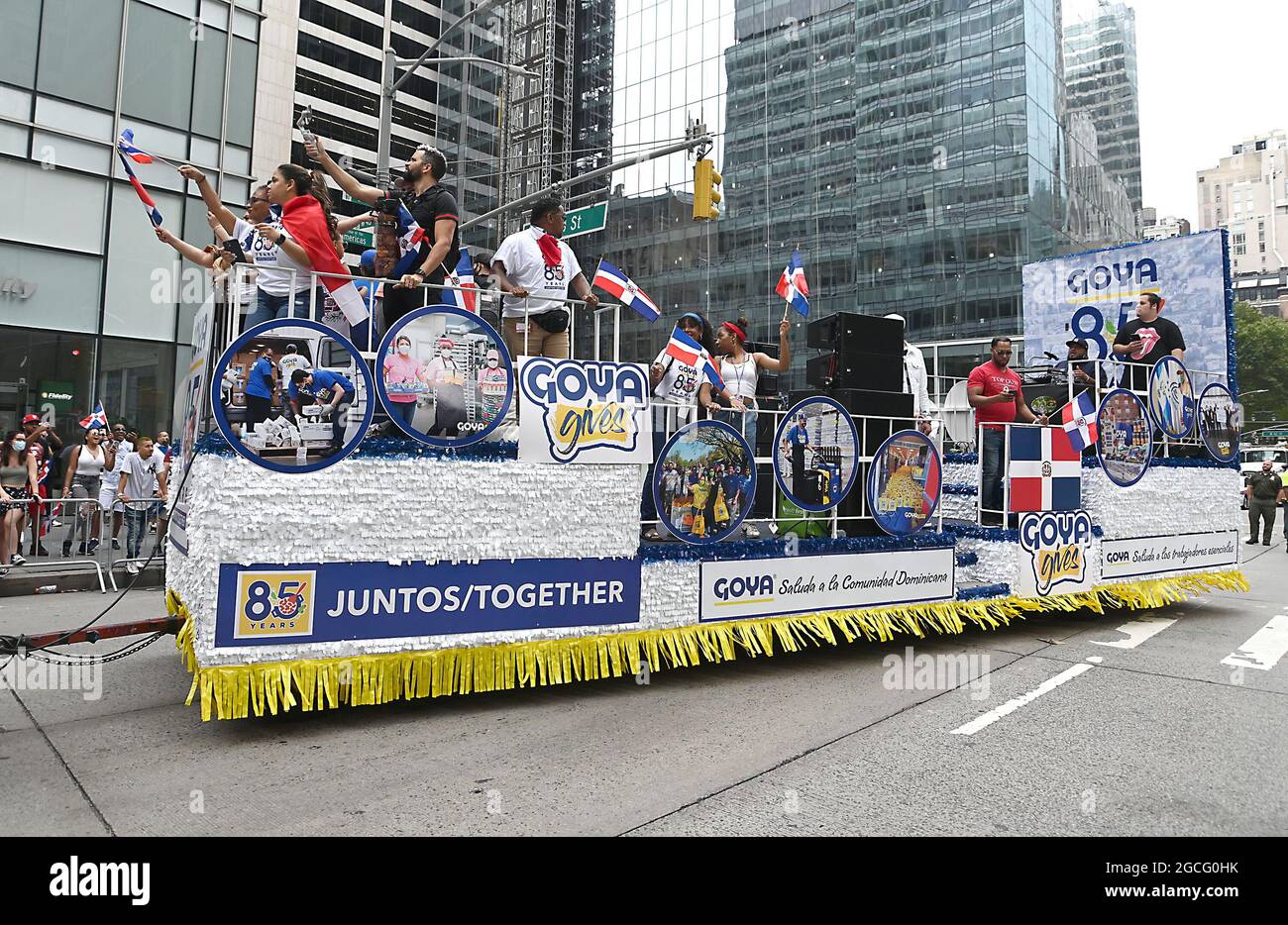Goya Float rides in the Dominican Day Parade on August 8, 2021 on the ...