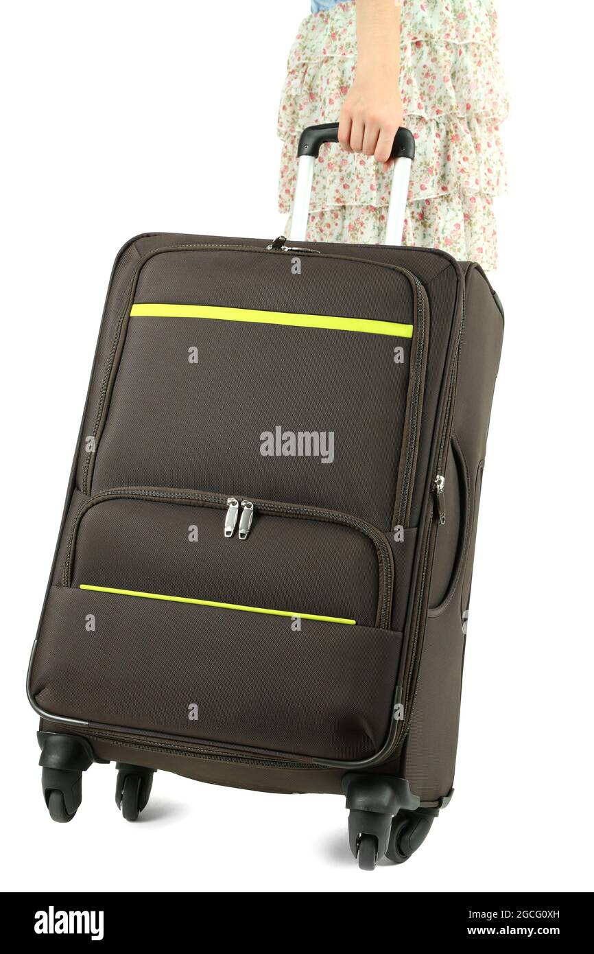 Suitcase in hand isolated on white Stock Photo - Alamy