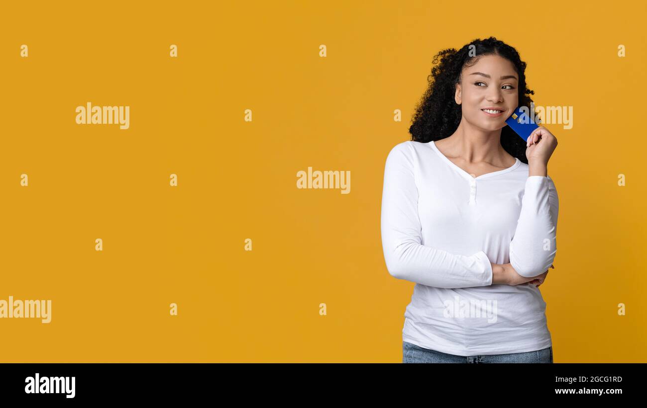 Easy Banking Concept. Portrait of happy african american woman with ...